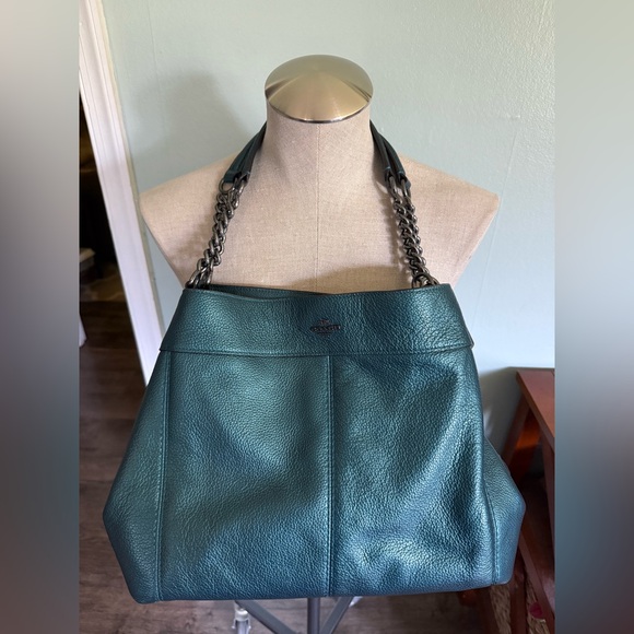 Coach | Bags | Coach Metallic Teal Green Three Compartment Grey Chain ...